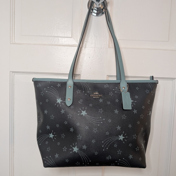 Coach | Bags | Coach Leather Shooting Stars Tote Bag Navy Powder Blue ...